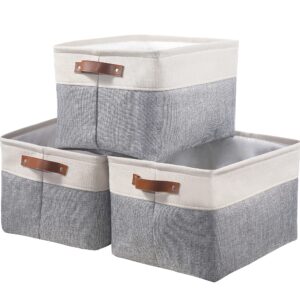 wehuse large cloth storage baskets for shelf, collapsible fabric rectangular closet storage bins with leather handles, grey 15.8 l x 12 w x 10 h inch