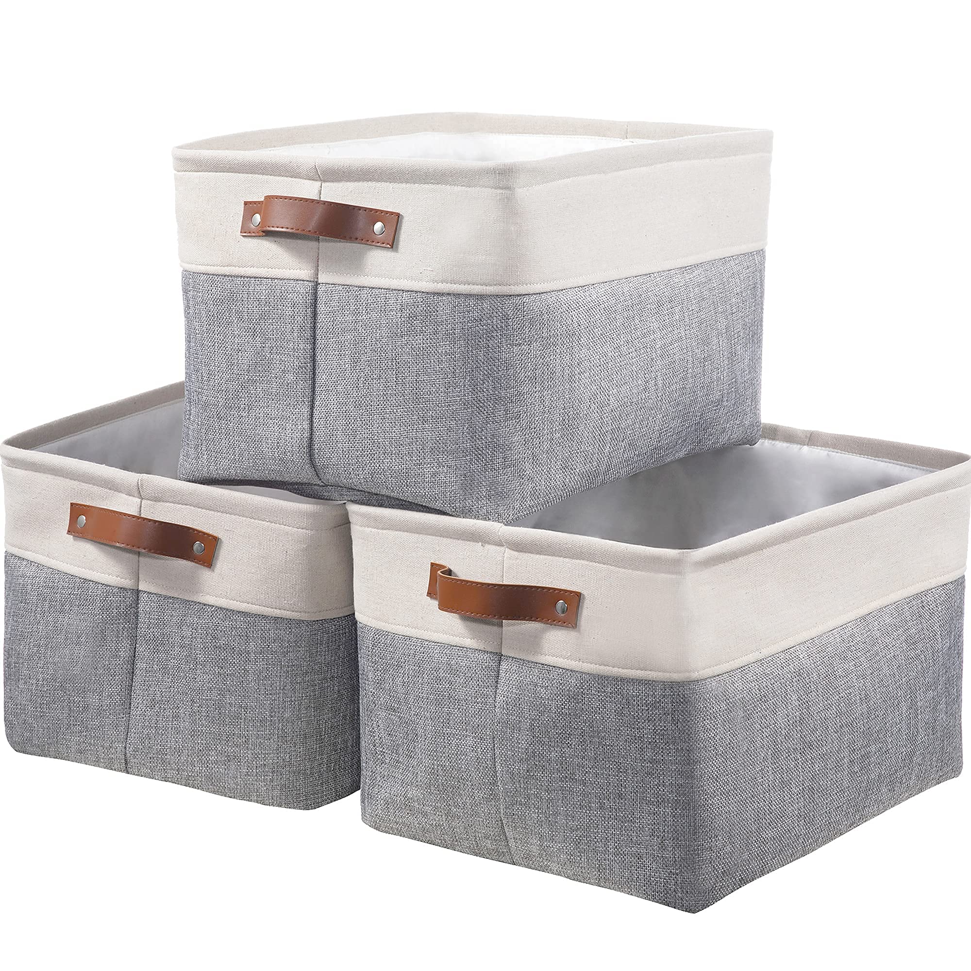 WEHUSE Large Cloth Storage Baskets for Shelf, Collapsible Fabric Rectangular Closet Storage Bins with Leather Handles, Grey 15.8 L x 12 W x 10 H Inch