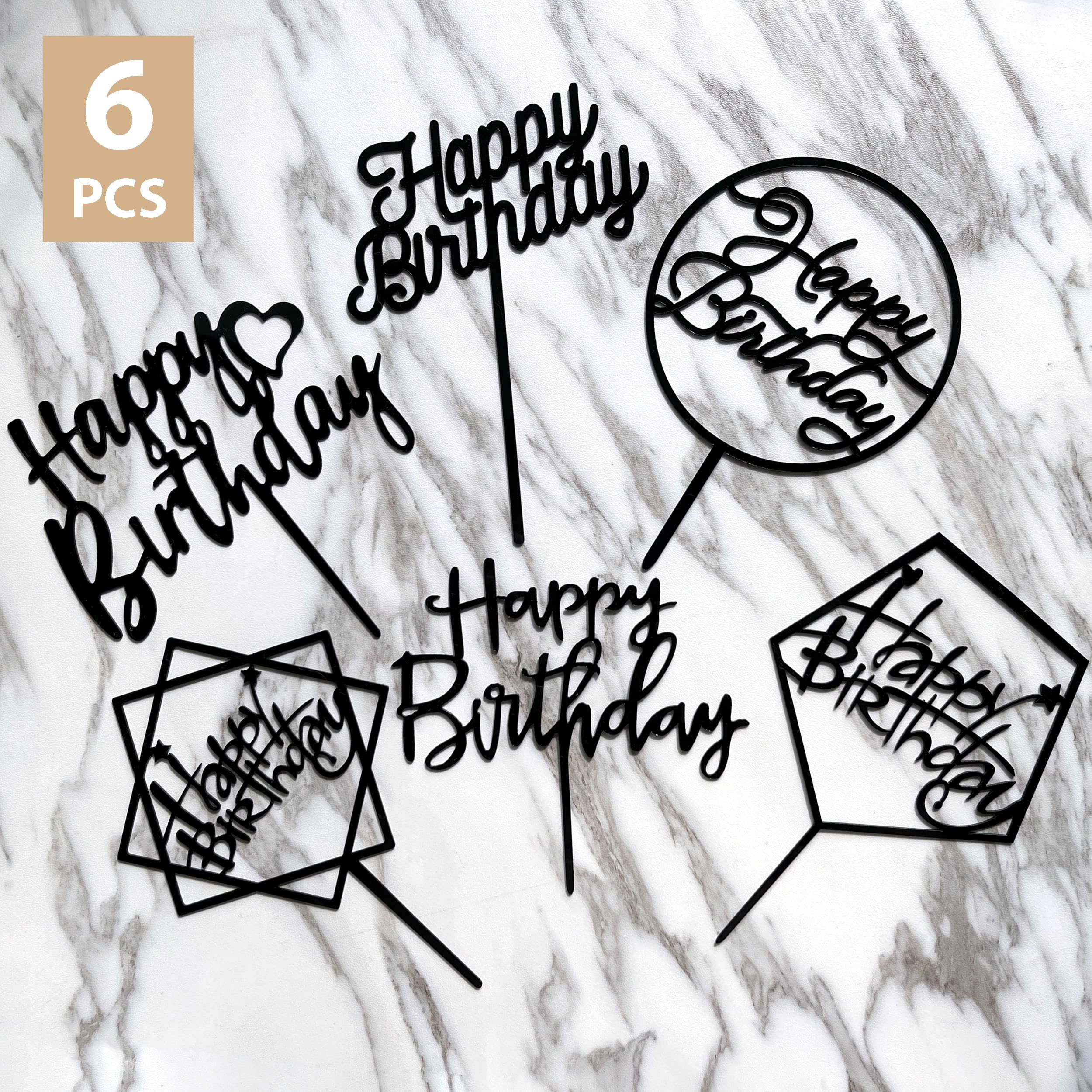 6-Pack Black Birthday Cake Topper Set, Double-Sided Shiny Black, Acrylic Happy Birthday Sign Cake Toppers/Cupcake Toppers, Birthday Party Decorations Supplies for Cool Guy.