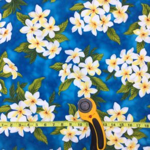 Turquoise Plumerias Hawaiian Print Fabric Sold by The Yard