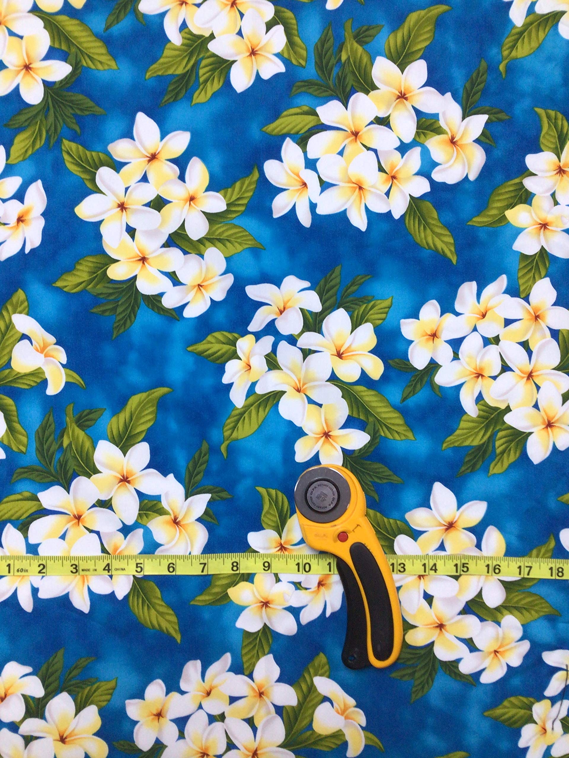 Turquoise Plumerias Hawaiian Print Fabric Sold by The Yard