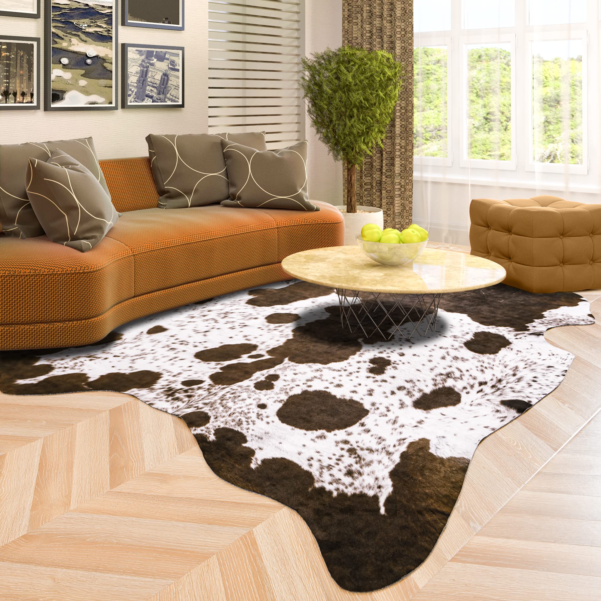 Rostyle Faux Cowhide Rug 3.6 x 2.3 Feet, Cute Cow Hide Rug for Living Room Bedroom Western Home Decor Faux Fur Cow Print Rugs White and Brown