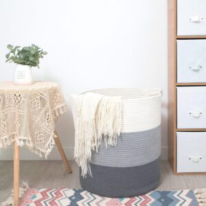 MINTWOOD Design 83L Extra Large 20x18 Inches Decorative Woven Cotton Rope Basket, Tall Laundry Basket Hamper, Blanket Basket for Living Room, Round Storage Baskets for Pillows, Towel, 3-Tone Dark Gray