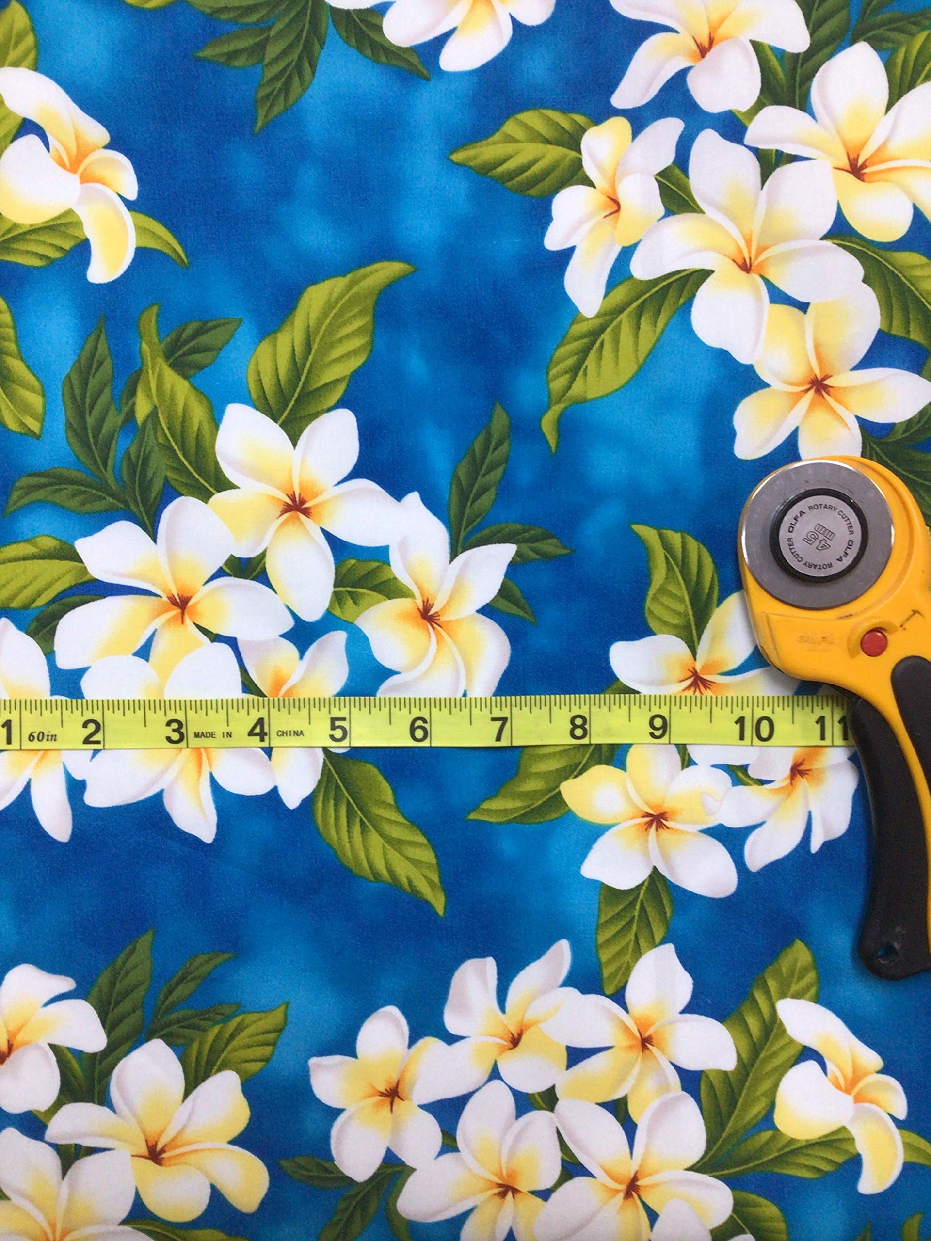 Turquoise Plumerias Hawaiian Print Fabric Sold by The Yard