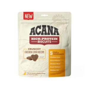 acana crunchy dog biscuits chicken liver recipe, small breed | high-protein dog treat biscuits