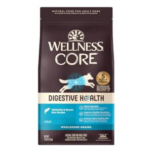 wellness core digestive health dry dog food with wholesome grains, highly digestible, for dogs with sensitive stomachs, made in usa with real protein (whitefish & brown rice, 4-pound bag)