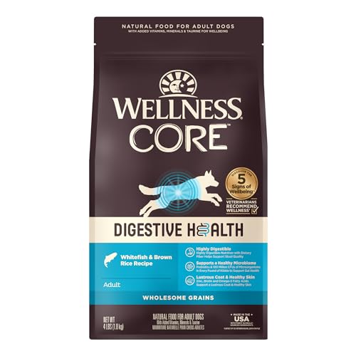 Wellness CORE Digestive Health Dry Dog Food with Wholesome Grains, Highly Digestible, for Dogs with Sensitive Stomachs, Made in USA with Real Protein (Whitefish & Brown Rice, 4-Pound Bag)