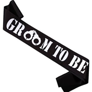 magnusson's garden groom to be sash, funny bachelor groom in handcuffs sash, future groom accessories, wedding gift idea from bride, best man, groomsmen, mother of the bride and groom