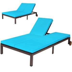 tangkula 2-person patio lounge chair, outdoor rattan double wicker daybed chaise lounge chair with adjustable backrest wheels & cushion, patio sofa for garden lawn backyard (turquoise)