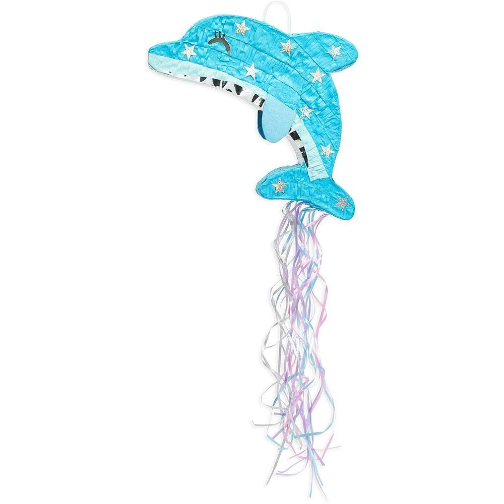 BLUE PANDA - Pull Pinata for Birthday Party, Small Dolphin (13 x 16.5 x 3 In)