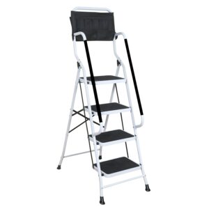 portable folding step ladder with safety handrails anti-slip sturdy large area pedal steel step stool white and black 4-feet & attachable tool bag for kitchen home and office, capacity: 500 lbs