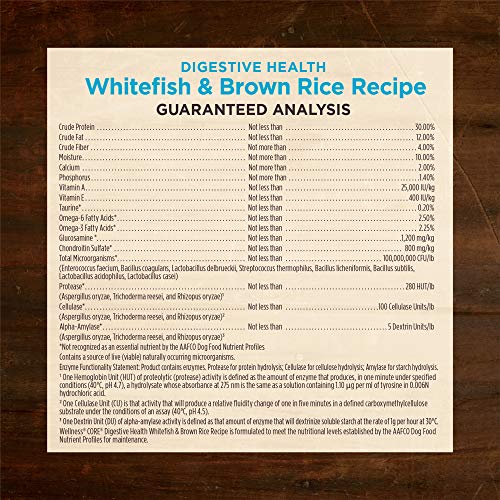 Wellness CORE Digestive Health Dry Dog Food with Wholesome Grains, Highly Digestible, for Dogs with Sensitive Stomachs, Made in USA with Real Protein (Whitefish & Brown Rice, 4-Pound Bag)