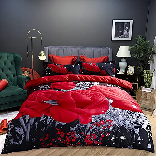 Duvet Cover Queen Bedding 3 of Set - Rose Flower Quilt Cover with Zipper Closure, Soft Breathable, ZHH