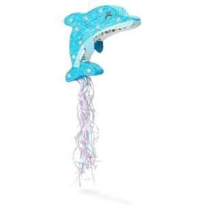 blue panda - pull pinata for birthday party, small dolphin (13 x 16.5 x 3 in)