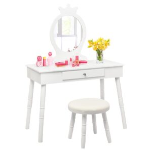 homgx kids vanity set, princess beauty dressing wooden table and chair vanity set, little girls pretend makeup play set with crown mirror & cushioned stool, children’s room furniture (white)