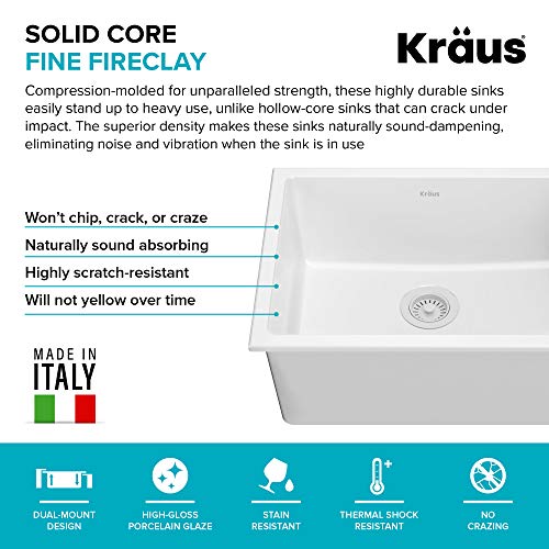 KRAUS Turino™ 24” Drop-In Undermount Fireclay Single Bowl Kitchen Sink with Thick Mounting Deck in Gloss White, KFD1-24GWH