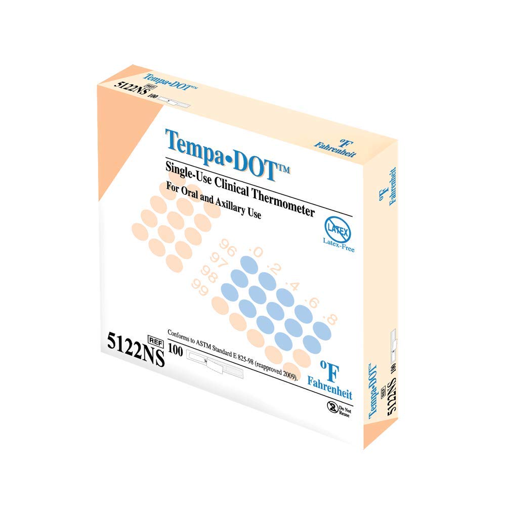 TempaDOT 100 Pack - Fahrenheit – Single-Use Clinical Thermometers for Oral or Axillary Use – Highest Accuracy & Prevention of Patient Cross-Contamination