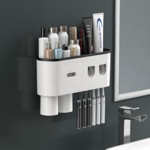 tucao double automatic toothpaste dispensers squeezer kit with toothbrush holder wall mounted, large storage organizer with 6 toothbrush slots, 2 magnetic cups and cosmetic organizer drawer (2 cups)