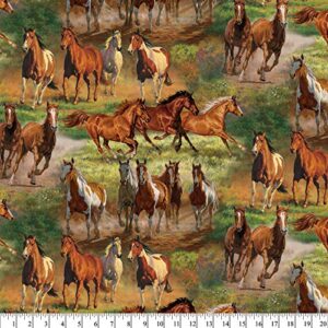 horses in the meadow digital cotton print fabric by the yard