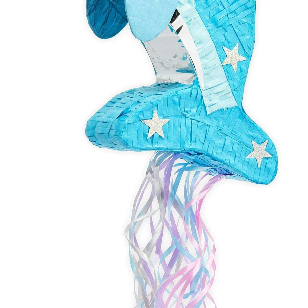 BLUE PANDA - Pull Pinata for Birthday Party, Small Dolphin (13 x 16.5 x 3 In)