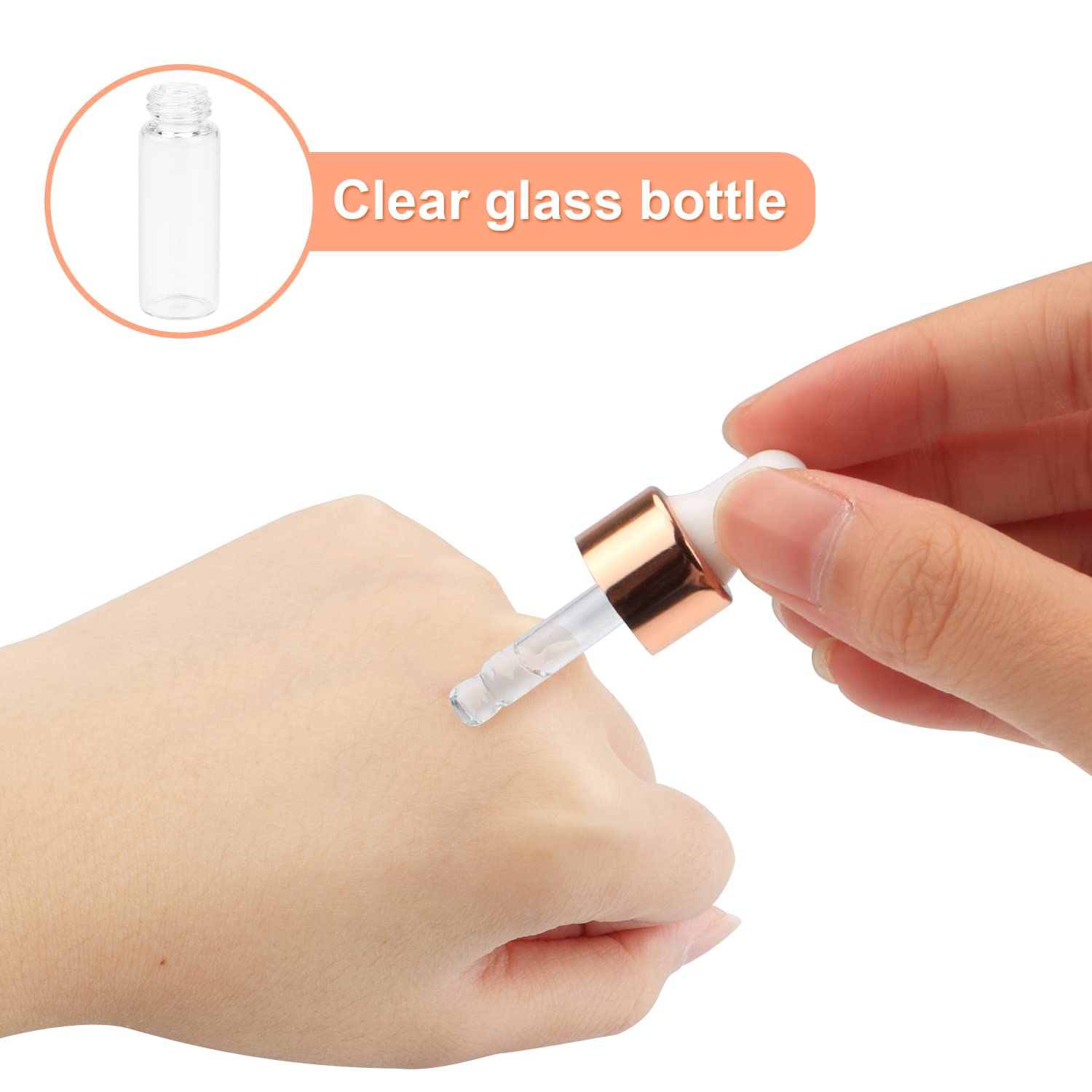 Clear Glass Dropper Bottles,50 Packs Essential Oils Bottles With Rose Gold Lids Perfume Sample Vials Travel DIY Cosmetic Liquid Containers 2 Pipettes Included (5ml(1/6oz))