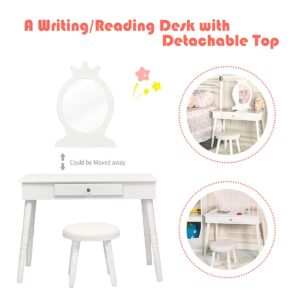 HOMGX Kids Vanity Set, Princess Beauty Dressing Wooden Table and Chair Vanity Set, Little Girls Pretend Makeup Play Set with Crown Mirror & Cushioned Stool, Children’s Room Furniture (White)