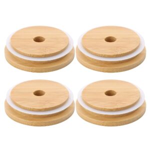 4 pack 86mm wide mouth bamboo mason jar lids with straw hole reusable bamboo caps leak-proof glass canning drinking storage jars lid