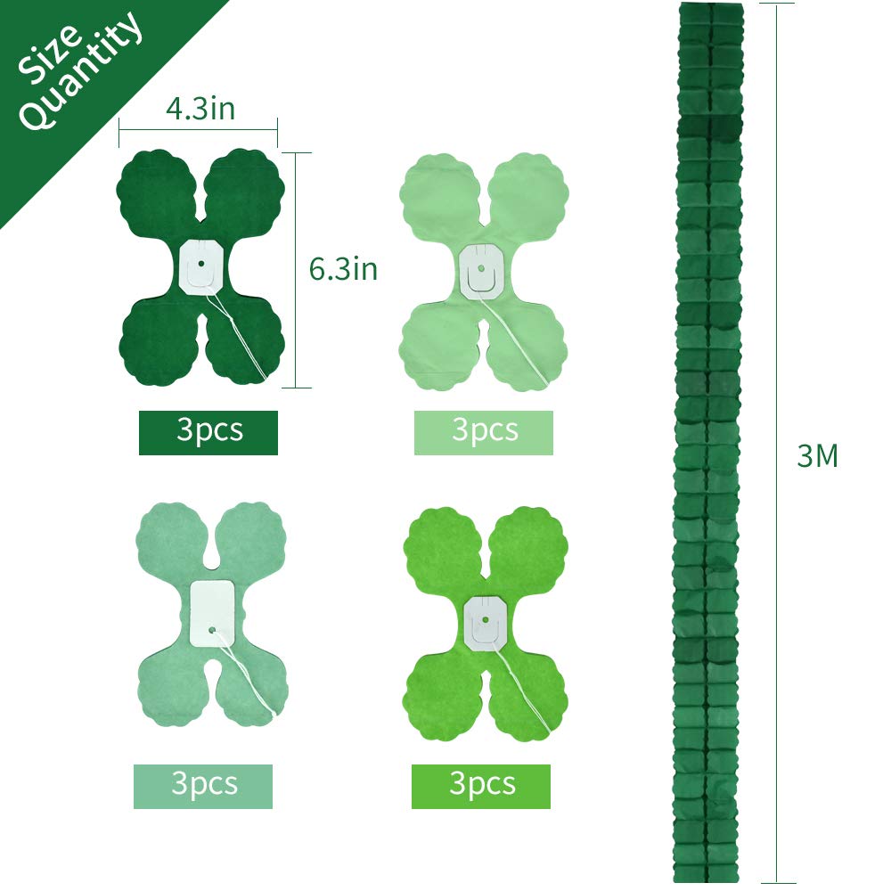 BEISHIDA 12PCS Four Leaf Clover Paper Garland 120ft Green Theme Party Streamer Tissue Flower Hanging Garland for Wedding Baby Shower Christmas Birthday St.Patrick's Party Decor