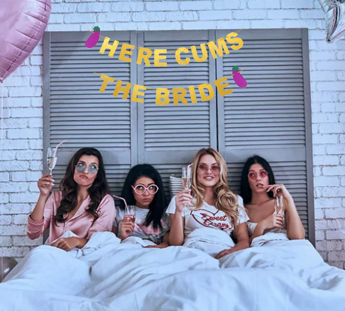 Ucity Bachelorette Party Banner Gold Glitter Here Cums The Bride Garland for Bridal Shower Hen Party Supplies