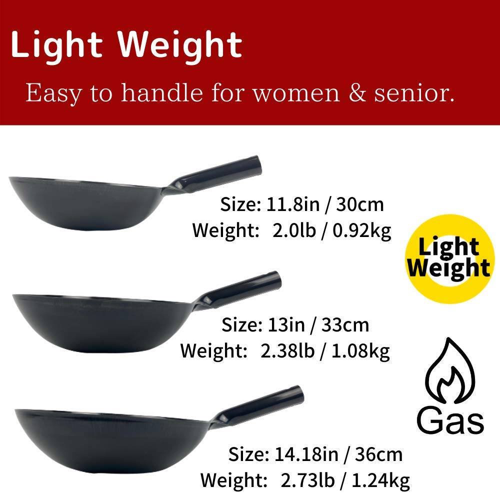 SOONEAR KOTE2 Carbon Steel Wok Light Weight Gas Fire Round Bottom Carbon Steel Handle No Rivets Size L 14 1/4" [Made in Japan]