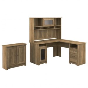 bush furniture cabot l shaped desk with hutch and small storage cabinet with doors in reclaimed pine