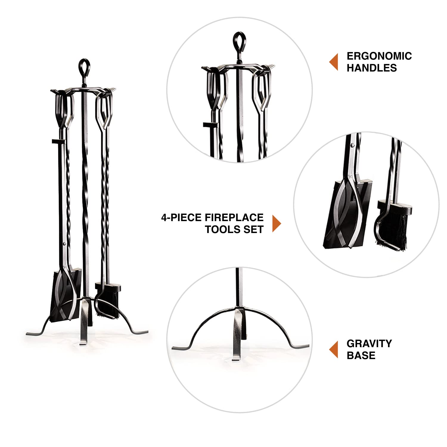 2WAYZ Fireplace Tools Set, 5 pcs Cast-Iron Fireplace Accessories - Powder Coated Poker, Shovel, Tongs & Brush. Easy-to-Assemble Fire Poker Set for Chimney