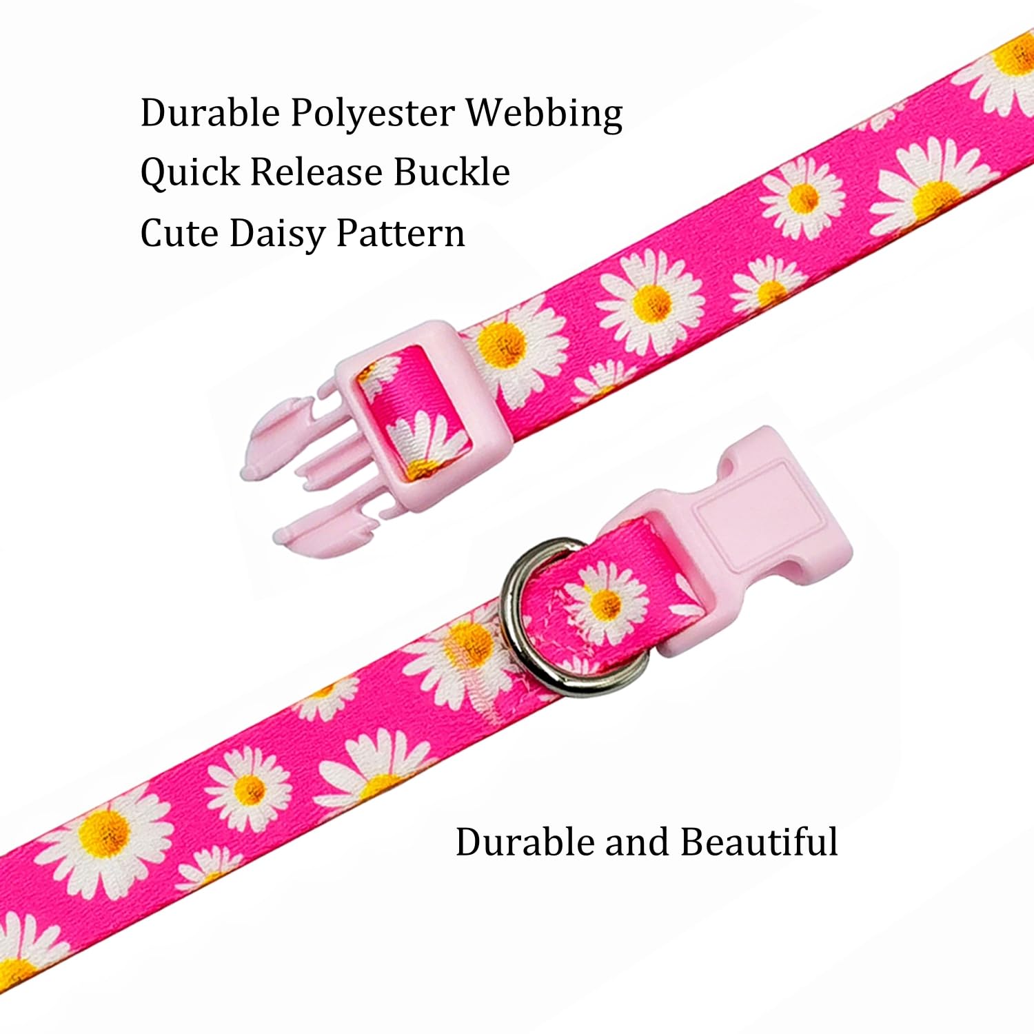 Olahibi Dog Collar and Leash Set, Cute Pink Daisy Pattern, Polyester Material, 5ft Leash, for Small Dogs.(S, Daisy Set)