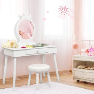 HOMGX Kids Vanity Set, Princess Beauty Dressing Wooden Table and Chair Vanity Set, Little Girls Pretend Makeup Play Set with Crown Mirror & Cushioned Stool, Children’s Room Furniture (White)