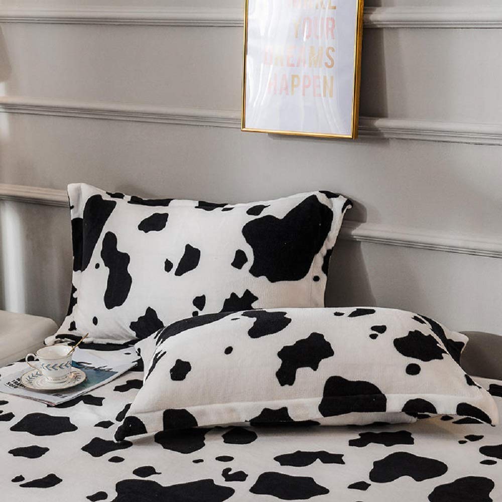 Fan Duvet Cover Set King Black and White Cow Patterned Flannel Velvet Warm Fluffly Bedding Sets with Zipper Closure Winter Quilt Comforter Cover and 2 Pillow Shams