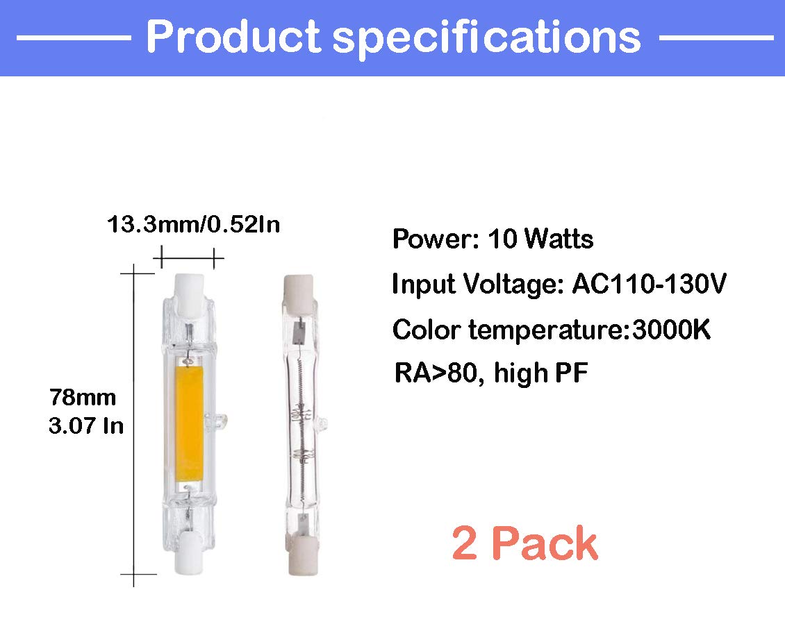 CTKcom 78 mm/3.1 in R7S LED Bulb (2 Pack) 110V 10W Warm White 3000K T3 J Type Halogen Bulb Replacement 100W Halogen Bulb Equivalent Double Ended