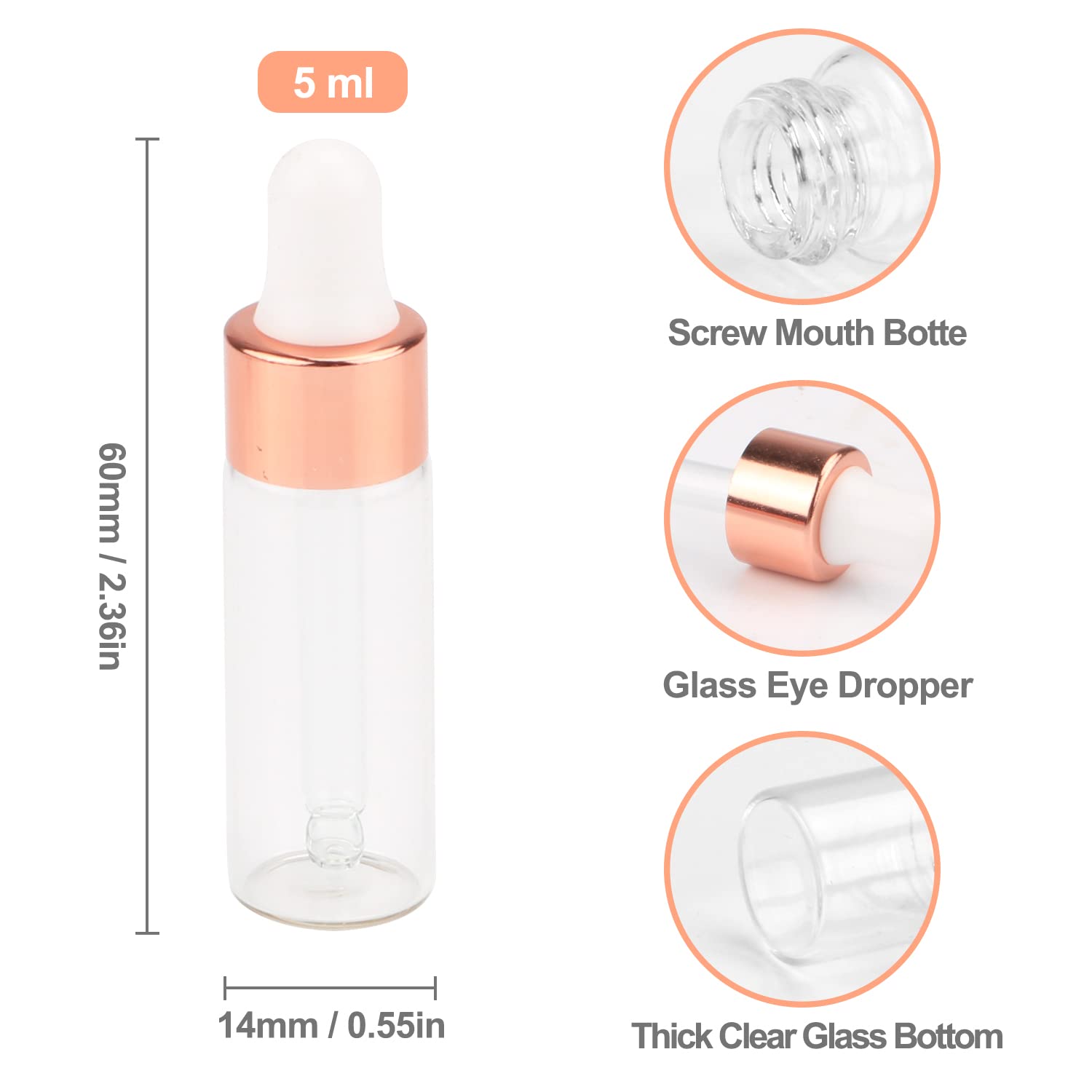 Clear Glass Dropper Bottles,50 Packs Essential Oils Bottles With Rose Gold Lids Perfume Sample Vials Travel DIY Cosmetic Liquid Containers 2 Pipettes Included (5ml(1/6oz))