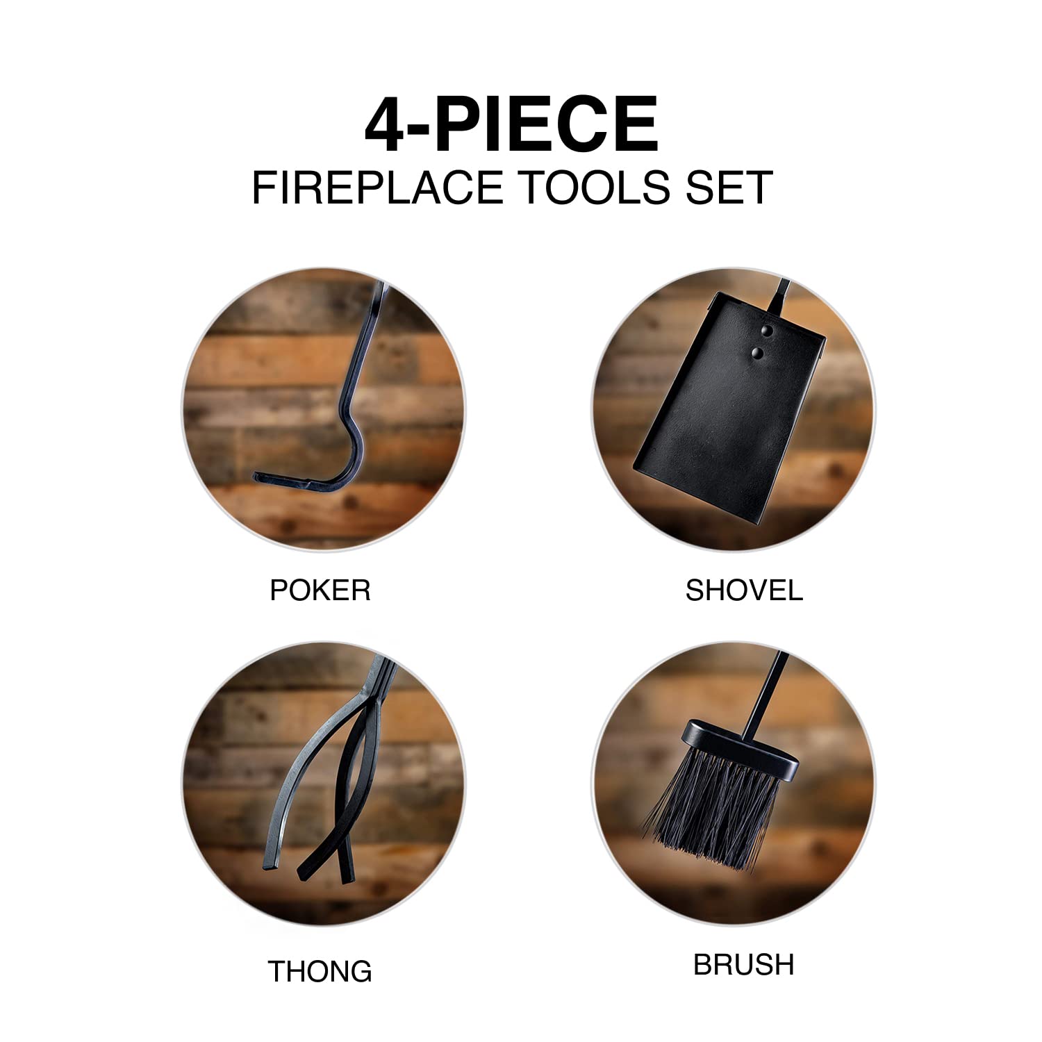 2WAYZ Fireplace Tools Set, 5 pcs Cast-Iron Fireplace Accessories - Powder Coated Poker, Shovel, Tongs & Brush. Easy-to-Assemble Fire Poker Set for Chimney