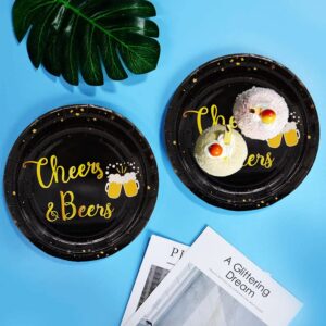 Cheers Beers Birthday Party Supplies,Black and Gold Tablewares(Plates and Napkins),Cheers Beers and Beer Mugs Design Perfect for Graduation Wedding Anniversary Christmas Party Supplies (16 Guest)