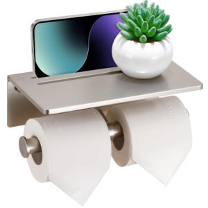 smarthome toilet paper holder - aluminium double roll toilet tissue holder with mobile phone shelf for bathroom, 3m self adhesive no drilling or wall-mounted, rustproof modern style brushed nickel