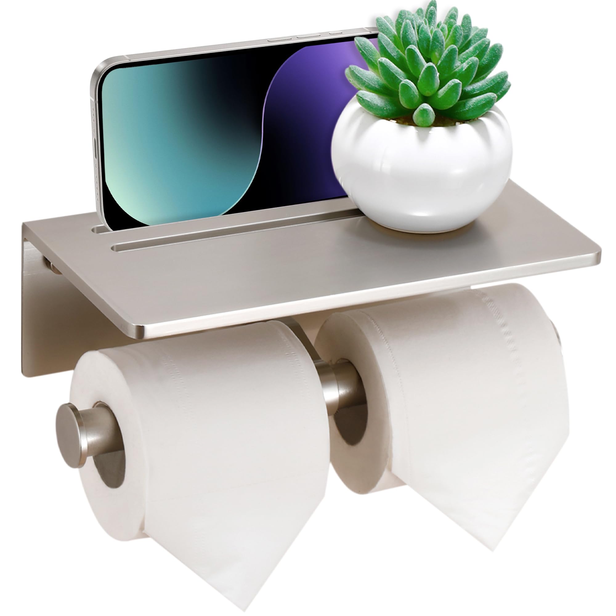 Smarthome Toilet Paper Holder - Aluminium Double Roll Toilet Tissue Holder with Mobile Phone Shelf for Bathroom, 3M Self Adhesive No Drilling or Wall-Mounted, Rustproof Modern Style Brushed Nickel