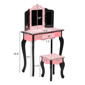 Bonnlo Kids Vanity Set, Princess Vanity Table with Stool, Tri-Folding Mirror Desk for Girls Makeup Dressing Table with Drawer Play Vanity Set