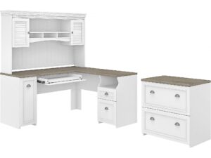 bush fv003g2w 60-inch l-shaped desk w/hutch, lateral file cabinet shiplap gray/pure white