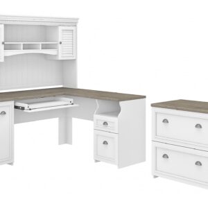 Bush FV003G2W 60-Inch L-Shaped Desk w/Hutch, Lateral File Cabinet Shiplap Gray/Pure White