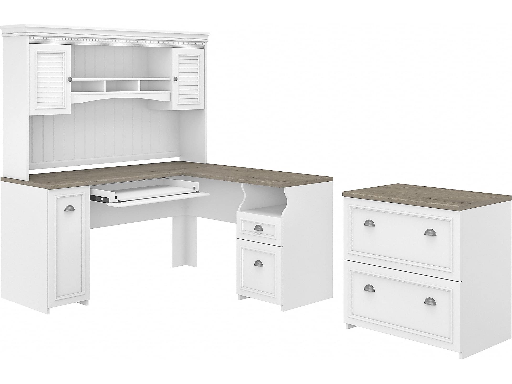 Bush FV003G2W 60-Inch L-Shaped Desk w/Hutch, Lateral File Cabinet Shiplap Gray/Pure White