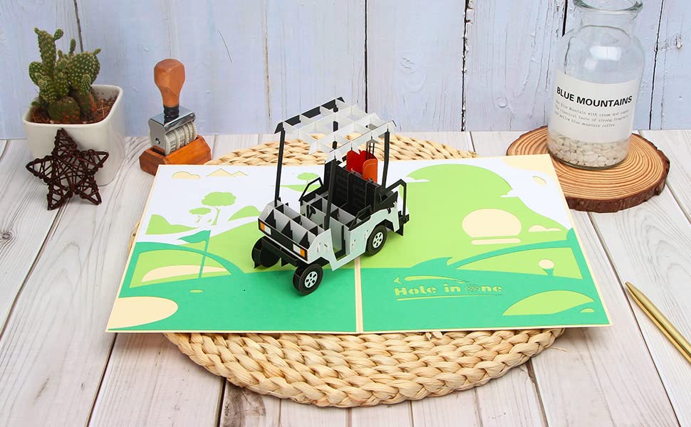 Ribbli Golf Cart Handmade 3D Pop Up Card Birthday Card Fathers Day Card, with Envelope