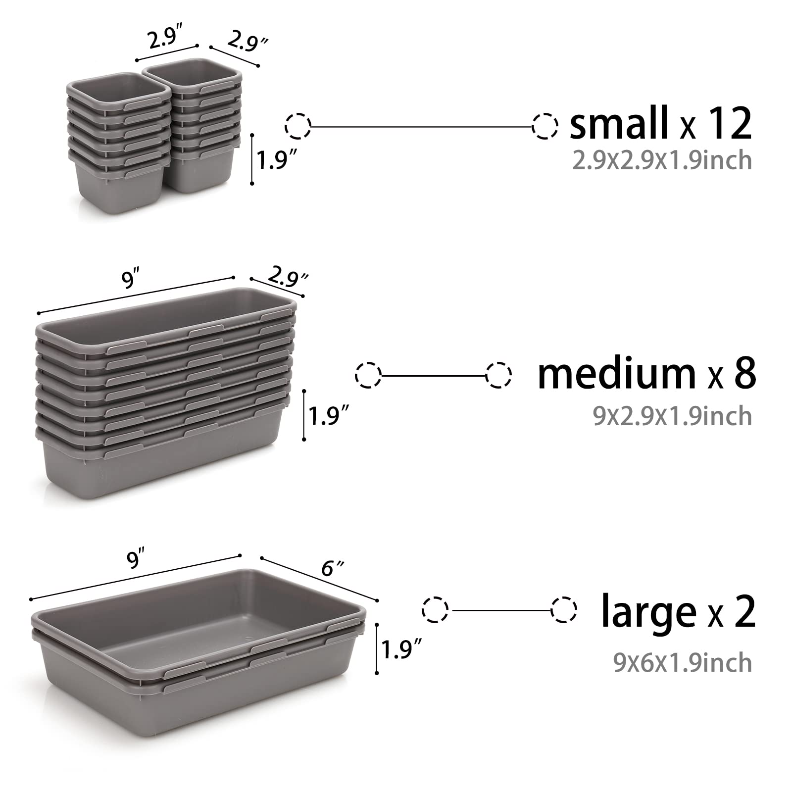 KeFanta 22 Pack Desk Drawer Organizers,Interlocking Junk Drawer Organizers and Storage with 3 Sizes,Desk Drawer Tray Organizer for Office,Bathroom,Kitchen,Makeup(Grey)