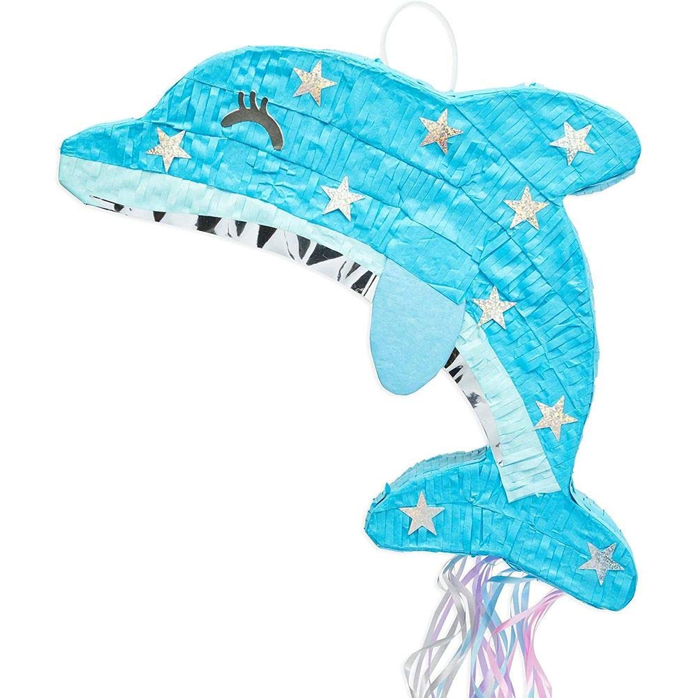 BLUE PANDA - Pull Pinata for Birthday Party, Small Dolphin (13 x 16.5 x 3 In)