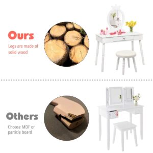 HOMGX Kids Vanity Set, Princess Beauty Dressing Wooden Table and Chair Vanity Set, Little Girls Pretend Makeup Play Set with Crown Mirror & Cushioned Stool, Children’s Room Furniture (White)