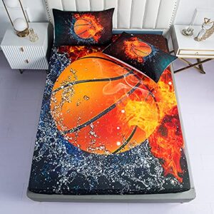 roscloud sports basketball sheets sets full size - 3pc ice flame galaxy basketball boys fitted sheet（fitted sheet*1 pillowcases*2）